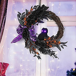 22 Inch Halloween Wreaths for Front Door, Halloween Owl Wreath with Lighted Eyes, Prelit Black Halloween Wreath with Artificial Roses Willow Leaves Ribbon for Halloween Indoor Outdoor Home Decor