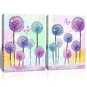 Purple Verbena Art Colorful Flowers Wall Art Butterfly Picture Purple Blue Pink Dandelion Abstract Painting Canvas Print Modern Artwork for Home Living Room Bathroom Bedroom Framed 12"x16"