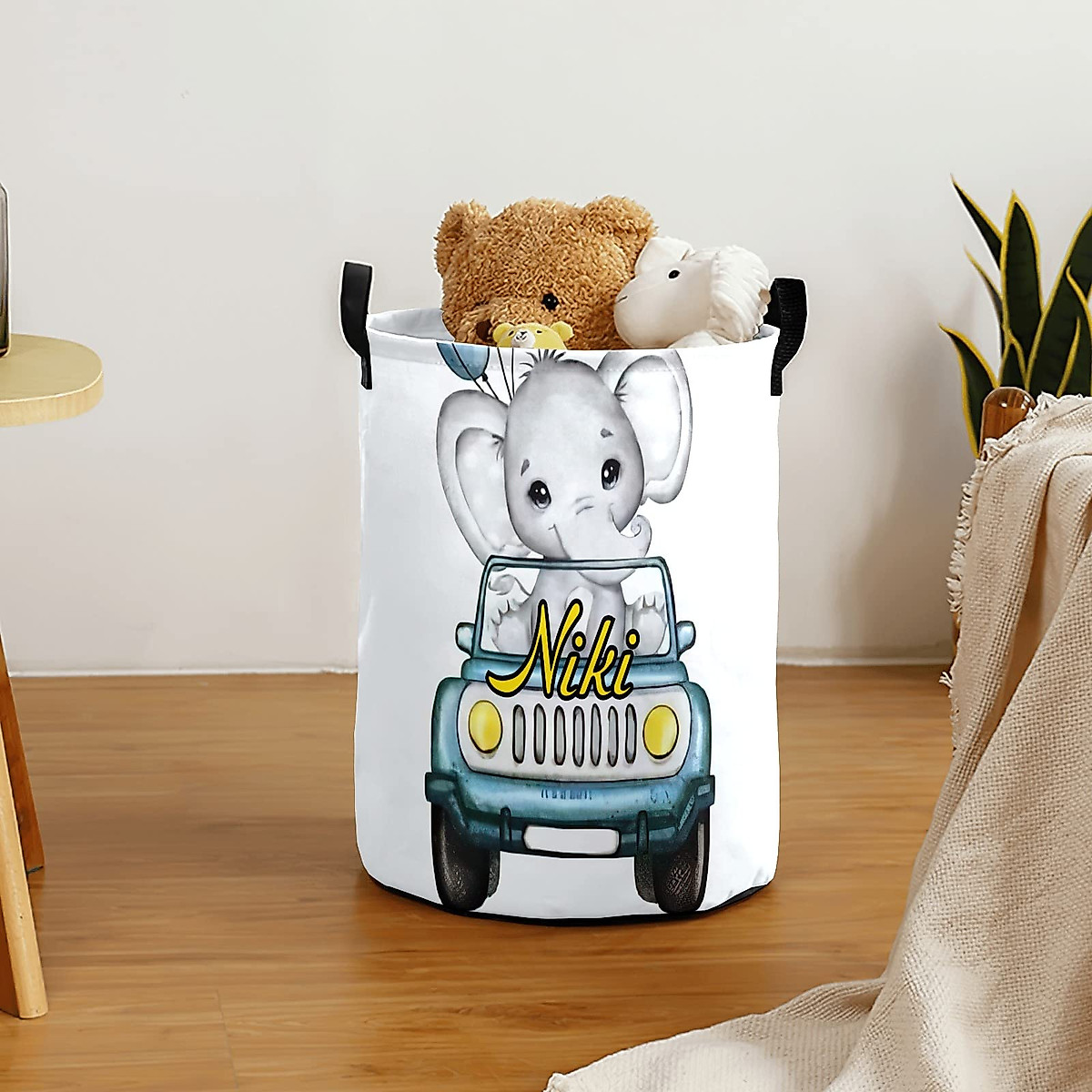 BigBigift Little Elephant with Car Laundry Basket Personalized with Name Laundry Hamper with Handle Organizer Storage Bin Bedroom Decor for Boys Girls Adults