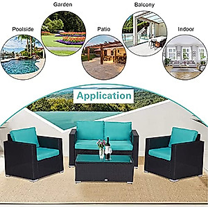 Zurssar 4 Piece Outdoor Patio Furniture Sets PE Rattan Wicker Sectional Sofa Couch Patio Conversation Set with Glass Coffee Table for Backyard Garden Poolside