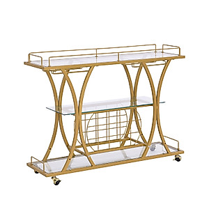 FABOMEI Gold Bar Carts with Glass Holders & Wine Rack,3 Tier Home Bar Serving Carts with Glass Shelves,Metal Rolling Bar Carts for The Home Kitchen, Party