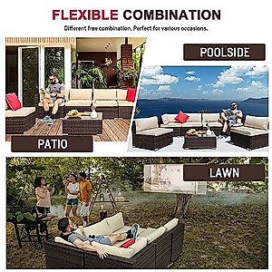 Patio Furniture Set - 7 Piece Wicker Furniture Sets - Patio Sectional Sofa All Weather Outdoor Sectional Patio Sofa - Brown PE Rattan Patio Conversation Set with Coffee Table and Beige Cushion