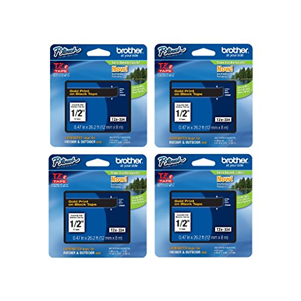 Brother Genuine TZe-334 1/2" Gold on Black Standard Laminated Tape for P-Touch Labeler, 4 Pack