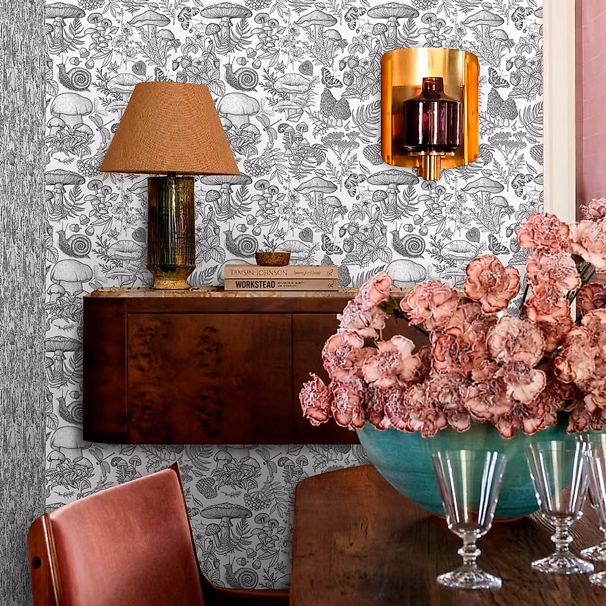 BEETAL Black and White Boho Mushroom Snail Peel and Stick Wallpaper Modern Esay Peel Off Contact Paper Vintage Self Adhesive Removable Stick on Wall Paper for Kitchen Cabinet Furniture Renter Friendly