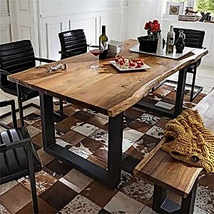 LAKIQ Industrial Solid Wood Dining Table Farmhouse Rectangle Kitchen Dining Room Table Living Room Coffee Table with Metal Double Pedestal-Table Only (47.2" L x 23.6" W x 29.5" H)