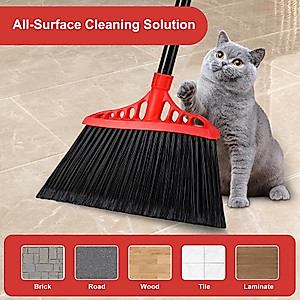 Tiumso Heavy Duty Broom, Outdoor Brooms, Commercial Broom for Sweeping Indoor, Kitchen Broom with 55" Long Handle, Angle Brooms for Patio Kitchen Shop Sidewalk - Black and Red