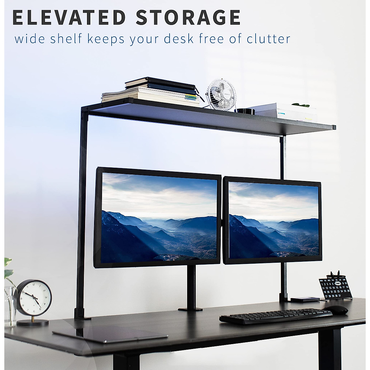 VIVO Large 42 inch Clamp-on Overhead Desk Shelf, Raised Desktop Organizer, Elevated Workstation Accessory Platform, Black, DESK-SHELF42-OB