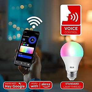 RCA Smart Light Bulbs, Multicolor LED, WiFi, Dimmable Color Changing Light Bulb, 800 Lumens 10W, Alexa & Google Home Compatible, 60W EQ A19 RGB Light, 2.4GHz only, No Hub Req, 2-PK
