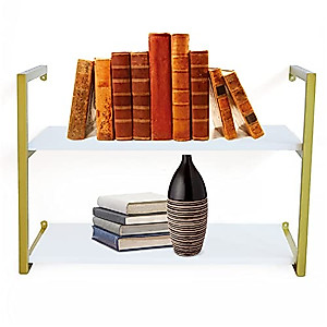 Gdrasuya10 Floating Shelves Wall Mounted, Modern Wood Storage Shelf, with Golden Metal Brackets Decor Wall Shelving for Bedroom, Bathroom, Bathroom, Kitchen, Living Room (2 Tier, 24“)