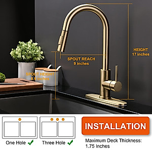 Tohlar Gold Kitchen Faucets with Pull-Down Sprayer, Modern Kitchen Sink Faucet Stainless Steel Single Handle Kitchen Faucet with Deck Plate, Brushed Gold