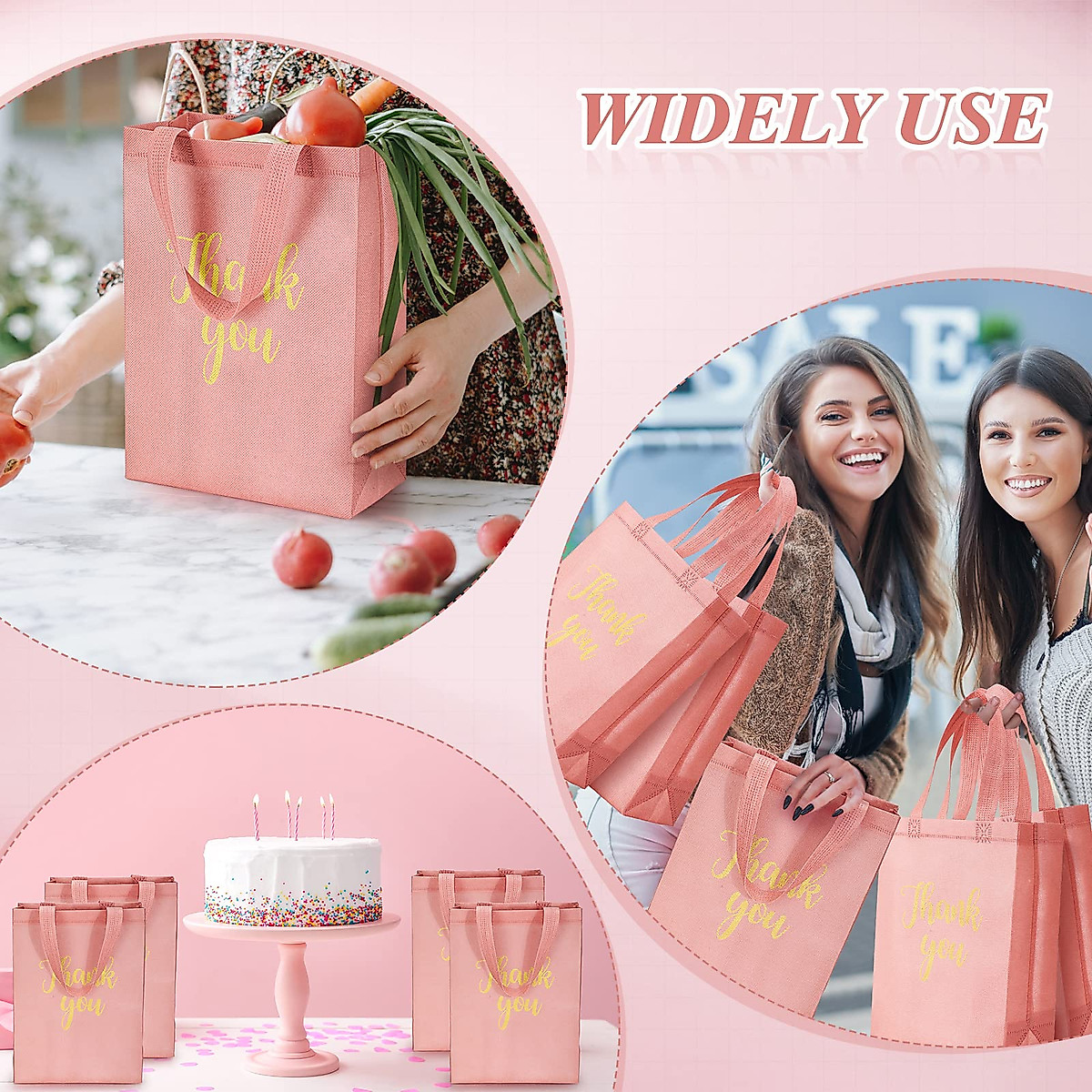 Roowest 50 Pcs Reusable Thank You Grocery Bags Shopping Bags Non Woven Shopping Merchandise Bag with Handles (Pink, Gold)