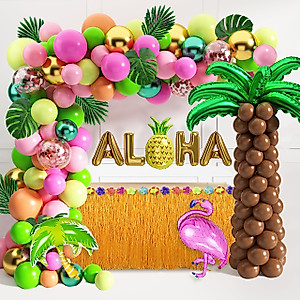 Tropical Luau Balloons Arch Garland Kit Luau Party Decorations with Palm Leaves Flamingo Palm Tree Aloha Foil Balloon Coconut Balloons Set for Tropical Hawaiian Aloha Luau Flamingo Party (Aloha-A)