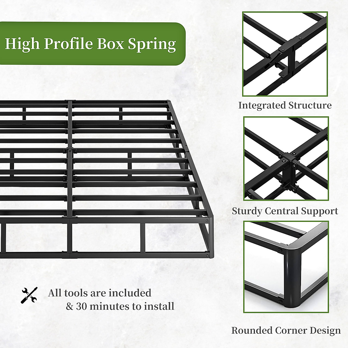 VTWAZAST 8 Inch Full Box Spring, Heavy Duty Metal Mattress Foundation, Easy Clean Fabric Bed Cover, Non-Slip, Noise Free, Easy Assembly