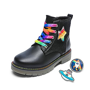 DREAM PAIRS Girls Boys Glitter Ankle Boots Side Zipper Combat Shoes with Lace Up for Toddler/Little Kid/Big Kid,Size 4 Big Kid,Black,SDBO2220K