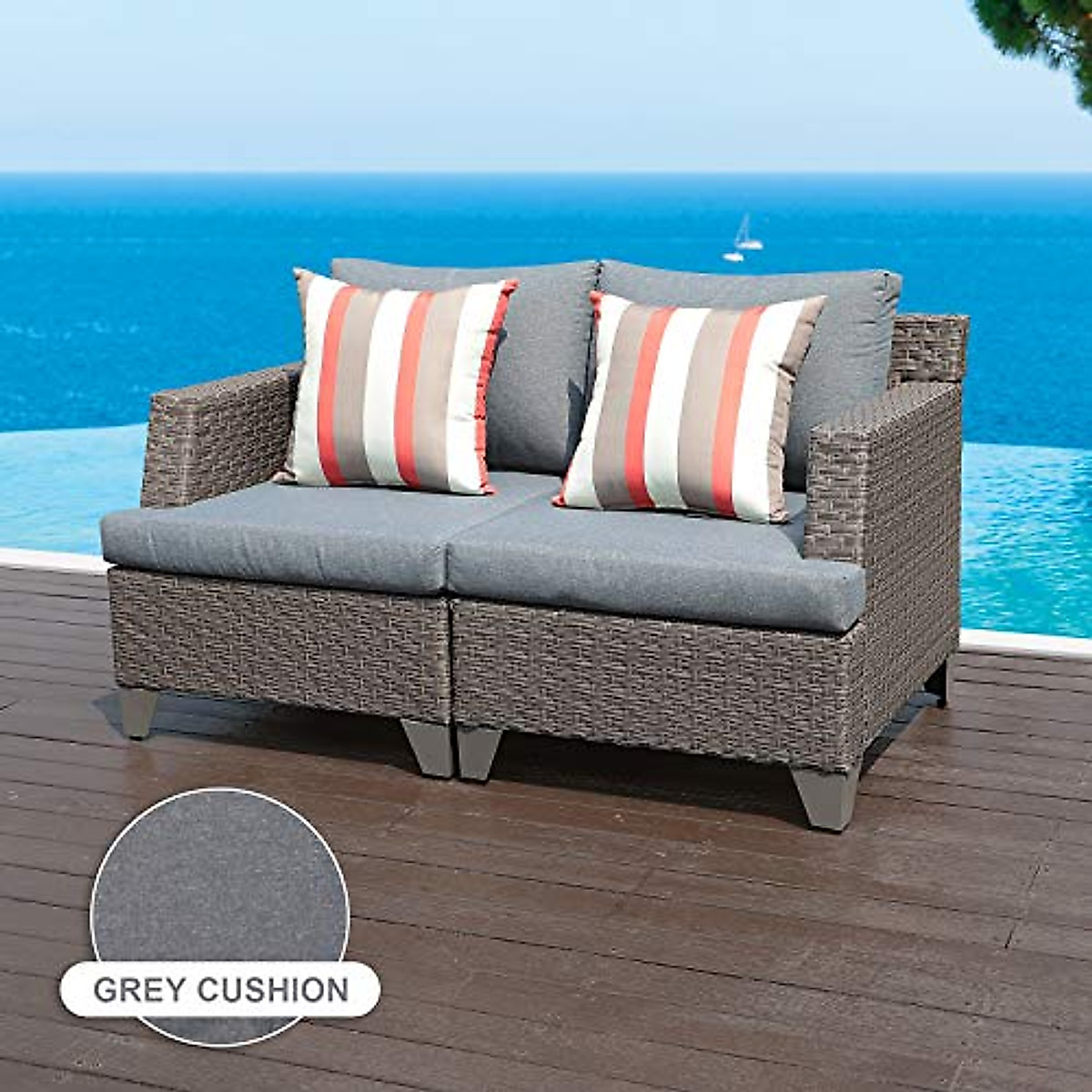 SUNSITT Outdoor Wicker Loveseat Patio Furniture with Grey Cushions, Sofa Cover & 2 Throw Pillows Included, Grey Brown PE Wicker