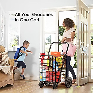 Amada Shopping Cart for Groceries with 176LBS/91L Large Capacity, Heavy Duty Grocery Cart with Wheels, Folding Utility Shopping Cart on Wheels for Groceries, Laundry, Pantry, Garage