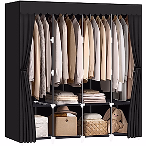 LOKEME Portable Closet, Black Wardrobe Closet Organizer with Cover, Portable Closets for Hanging Clothes 65.4x17.4x64.4 inch,4 Hanging Rods and Shelves, Large Capacity for Bedroom, Living Room