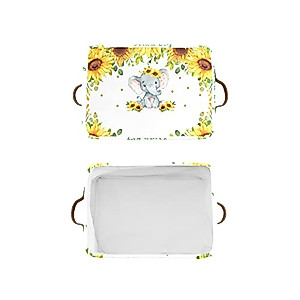 Cute Elephant Sunflower Personalized Storage Bins Basket Cubic Organizer with Durable Handle for Shelves Wardrobe Nursery Toy 1 Pack