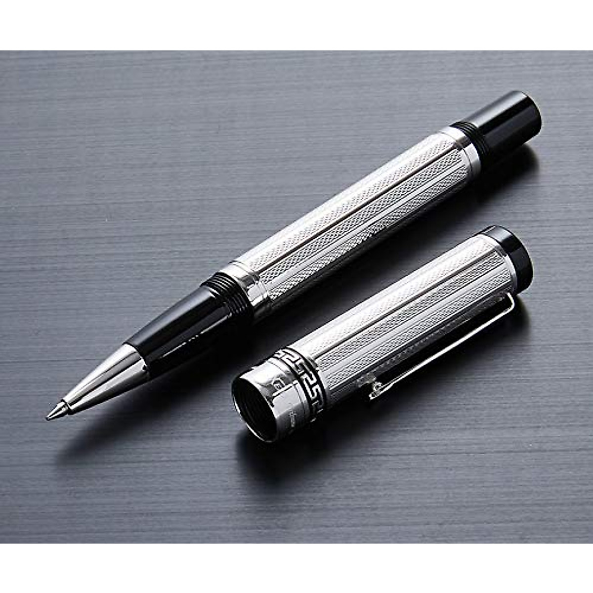 Xezo Tribune Pure Platinum Layered Diamond-Cut Fine Rollerball Pen, Weighty and Balanced, Individually Numbered (Tribune Platinum R), Silver, Black