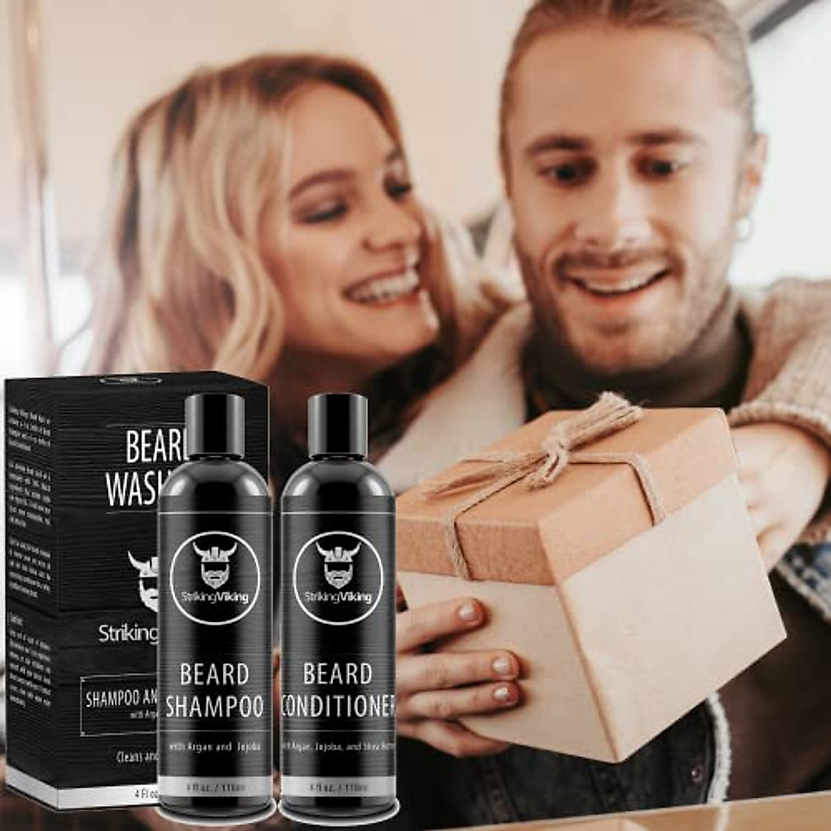 Beard Shampoo and Beard Conditioner for Men, All-Natural Beard Wash Set Cleanse Softens & Conditions with Organic Argan and Jojoba Beard Oils, Sulfate & Paraben Free by Striking Viking