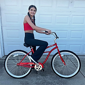 HH HILAND Beach Cruiser Bike for Adults, 26 inch Step-Through Frame Womens Bicycle, Single Speed City Bike Commuter Bicycle for Women, Rear Coaster Brakes, Black Blue Red