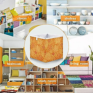 Orange and Golden Flowers Storage Bins Cubes Storage Baskets Fabric Foldable Collapsible Decorative Storage Bag with Handles for Shelf Closet Bedroom Home Gift 11" x 11" x 11"