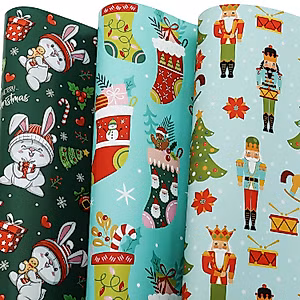 BOLIANNE Christmas Wrapping Paper for Kids Boys Girls - Funny Xmas Holiday Gift Wrap with Socks, Rabbits, Nutcracker for New Year Party - 6 Large Sheets, 27 x 37 Inch, High Gloss