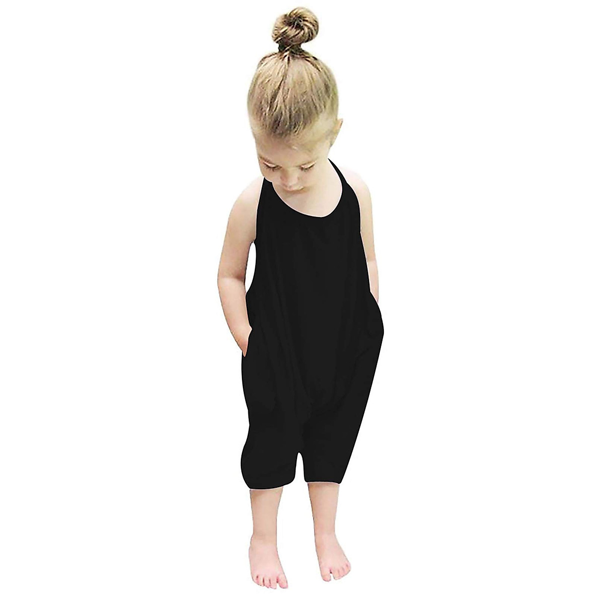 RAISEVERN Baby Girl Rompers Backless Slouch Jumpsuit Toddler Kid Jumper Cute Dinosaur Summer Beach Pants Halter Holiday Plain Bodysuit Black, 2-3T