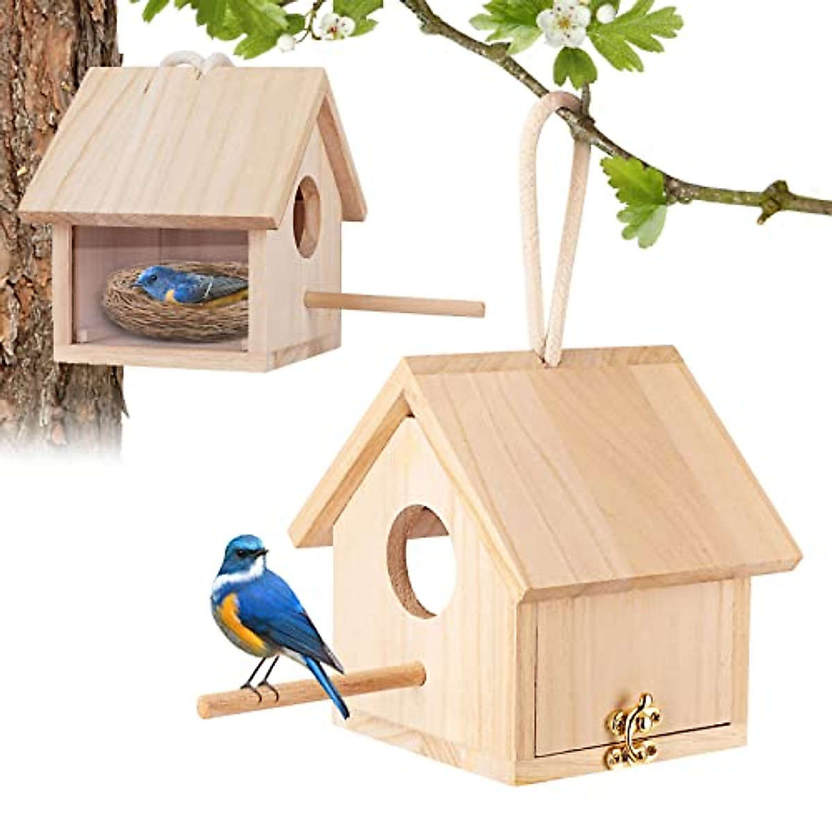 GINDOOR Bird Houses for Outside Clearance with Pole, Wood Birdhouse Blue Bird House Birdhouses for Outdoors Hanging Garden Patio Decorative for Swallow Sparrow Hummingbird Finch Throstle