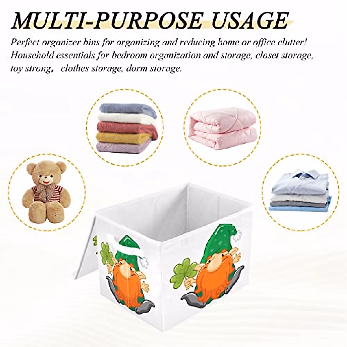 Kigai St.patrick's Day Cute Gnome Storage Basket with Lid,Collapsible Storage Box Fabric Storage Bin for Closet,Office,Bedroom,Nursery