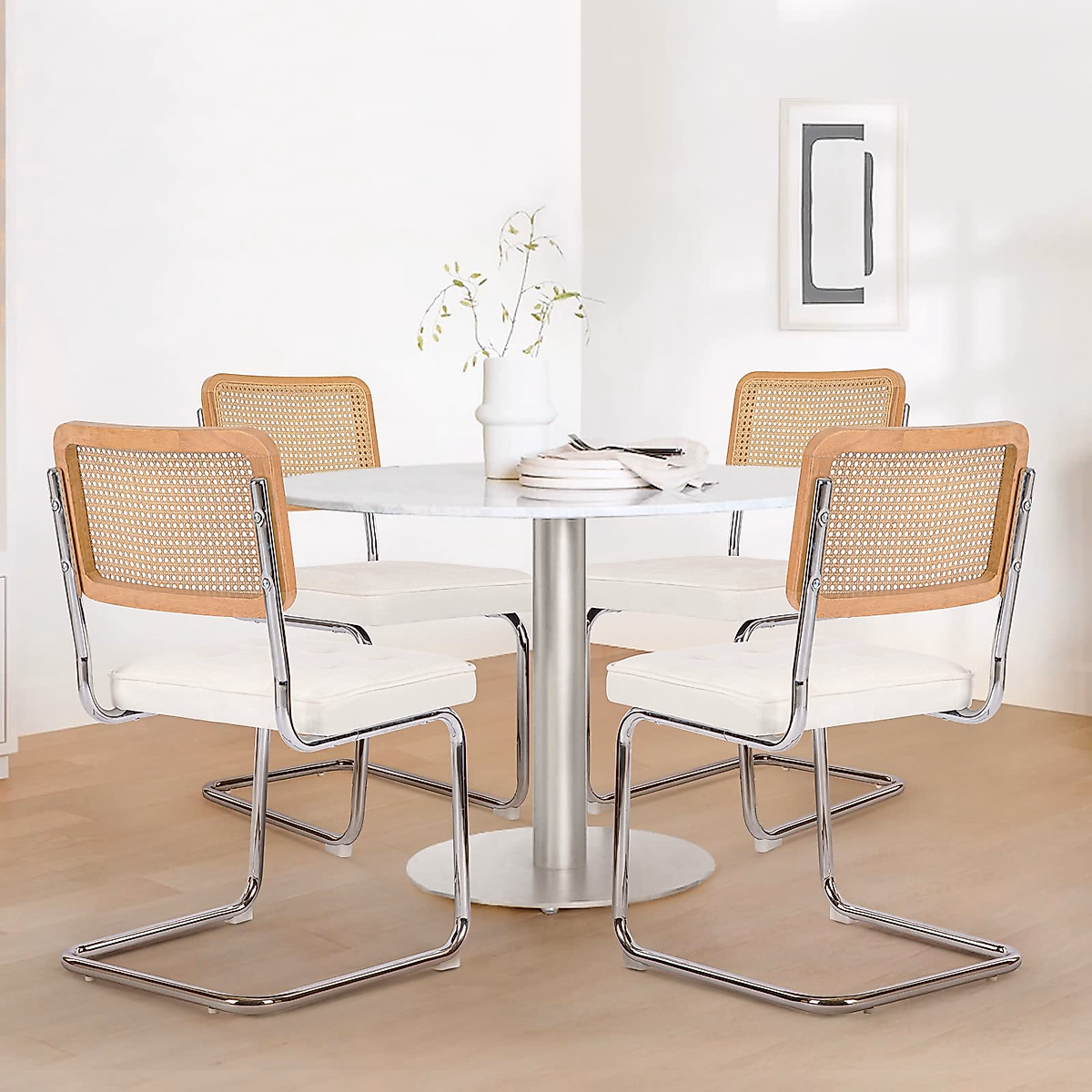 COLAMY Mid Century Modern Dining Chairs Set of 2, Velvet Rattan Dining Room Kitchen Side Chairs with Metal Chrome Legs and Upholstered Seat for Home, Living Room, Bedroom - Beige