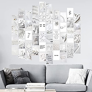 White Photo Collage Kit for Wall Aesthetic | Minimalist White and Grey Wall Posters for Teen Girl Dorm Room Decor | 50 Set 4x6 Inch