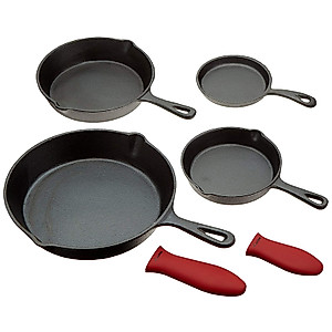 Crucible Cookware Cast Iron Skillets, Set Of 4 (Pre-seasoned) 10 Inch - 5.1 Inch, Including Large & Small Silicone Hot Handle Holders | Indoor & Outdoor Use