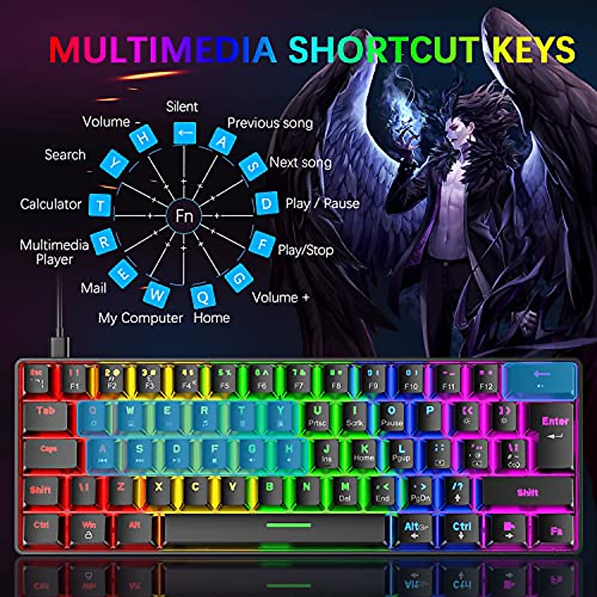 60% Mechanical Gaming Keyboard, Blue Switches, Rainbow LED Backlight Compact Wired Keyboard, TKL Wired Keyboard, Programmable Macro, RGB Mouse 6400 DPI , for PC Gamers and Office Typists (Black)