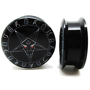 Pierced Republic Pair* Black Baphomet Pentagram Ear Plugs - Acrylic Screw-On - 10 Sizes (00 Gauge (10mm))