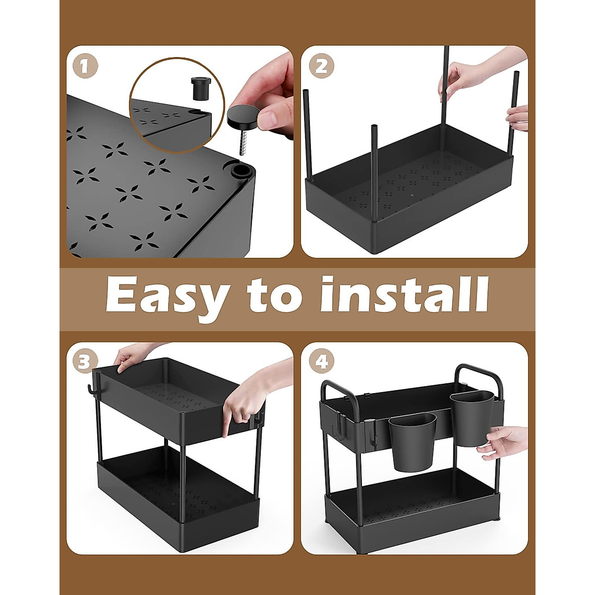 FURTIME Under Sink Organizer, 2 Tier Kitchen Under Sink Storage Bathroom Countertop Organizer with 6 Hooks 2 Hanging Cups and Anti-Foot for Bathroom Kitchen Spice Makeup Cosmetics Vanity Narrow Space