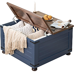 Joaxswe Farmhouse Coffee Table with Hidden Storage,Wood Large Square Center Table for Living Room,Rustic Cocktail Tables with Flip-Top Lids, Farm House Tables with Wooden Gourd Feet,Navy Blue