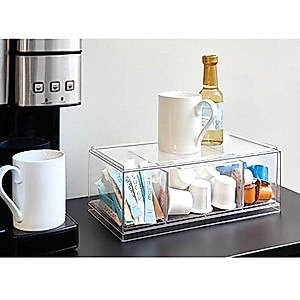 iDesigniDesign Crisp BPA-Free Plastic Stackable Tea Bag Organizer, 12.59" x 6.23" x 4.57", Clear with Gray Dividers & Recycled Plastic Extra-Large Bin, 10” x 8” x 5iDesign