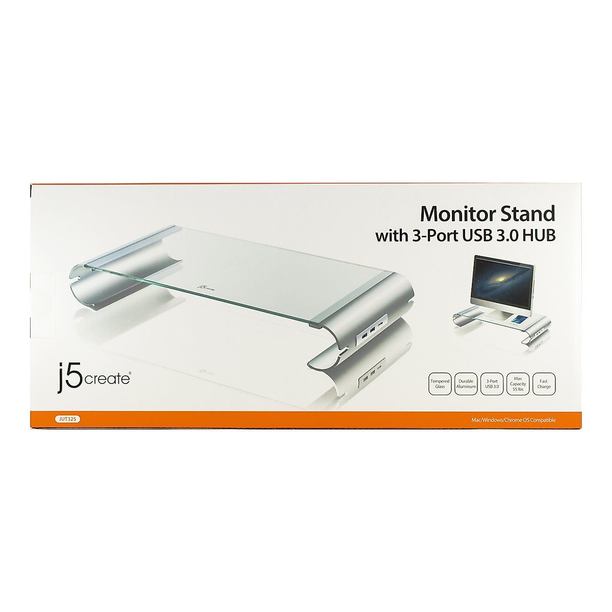 j5create Monitor Stand with 3-port USB 3.0 HUB JUT325 | Aluminium Legs and Clear Tempered Glass Monitor Riser | Compatible with iMac/Windows/Chrome/Linux Laptop, Macbook