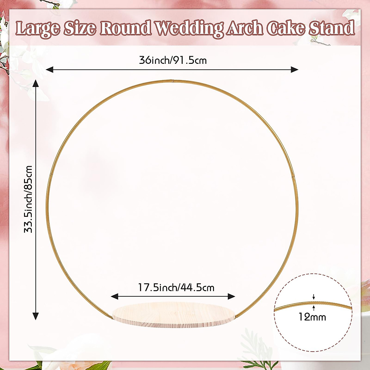 Norme 33.5 Tall Wedding Arch Cake Stand Round Metal Cake Stand for Wedding Reception Hoop Decoration with Wooden Base Floral Decoration Display for Party Events Reception Supplies