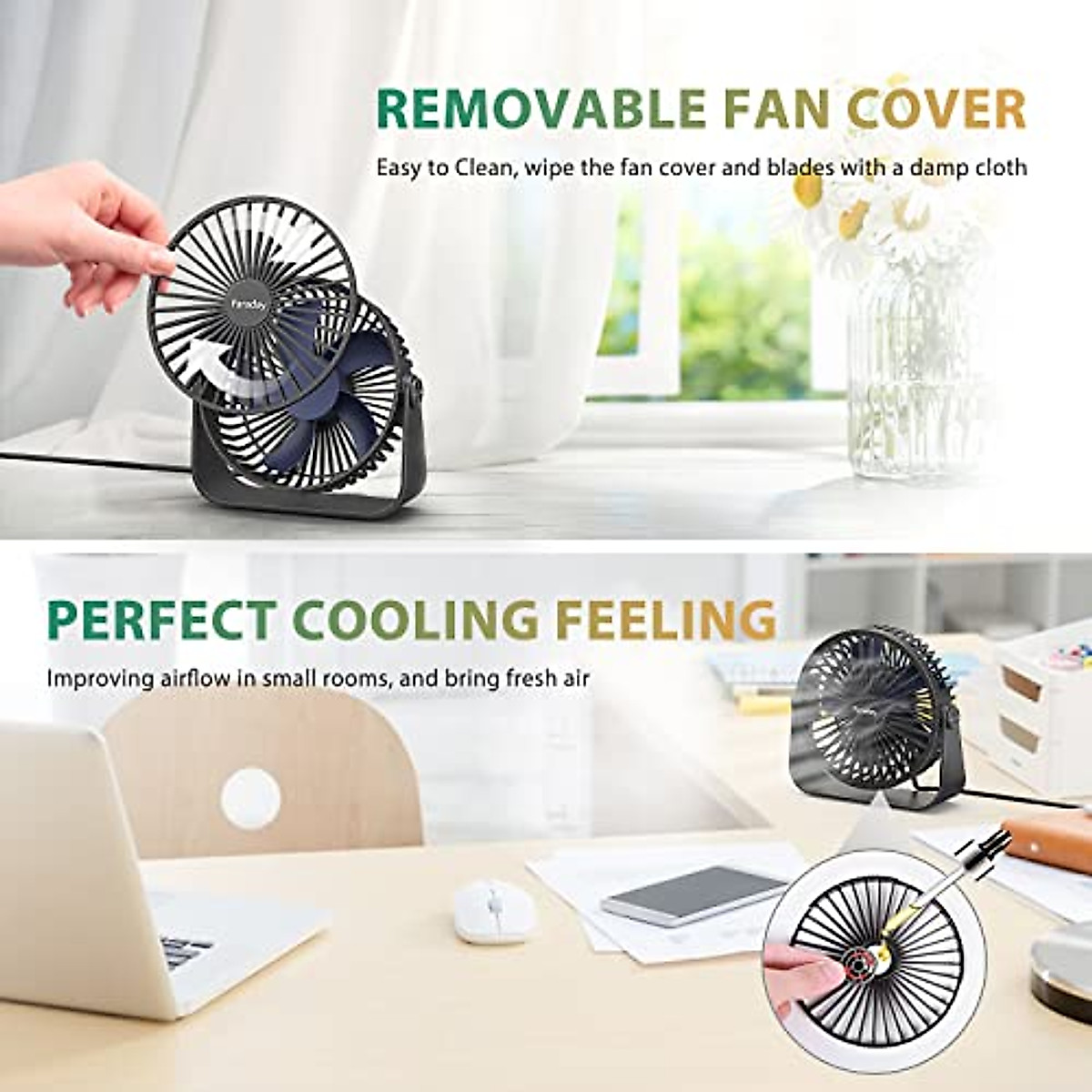 FARADAY Small Table Fans Bundle USB Desk Fans Personal Fan Ultra Quiet For Home Bedroom Office Desktop, 3 Speeds, Black