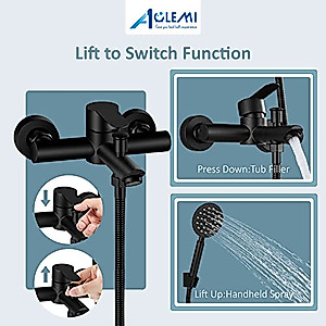 Aolemi Matte Black Wall Mount Bathtub Faucet with Handheld Sprayer Single Handle Shower Mixer Tap 6 Inch Center Bathroom Tub Faucet Stainless Steel SUS304
