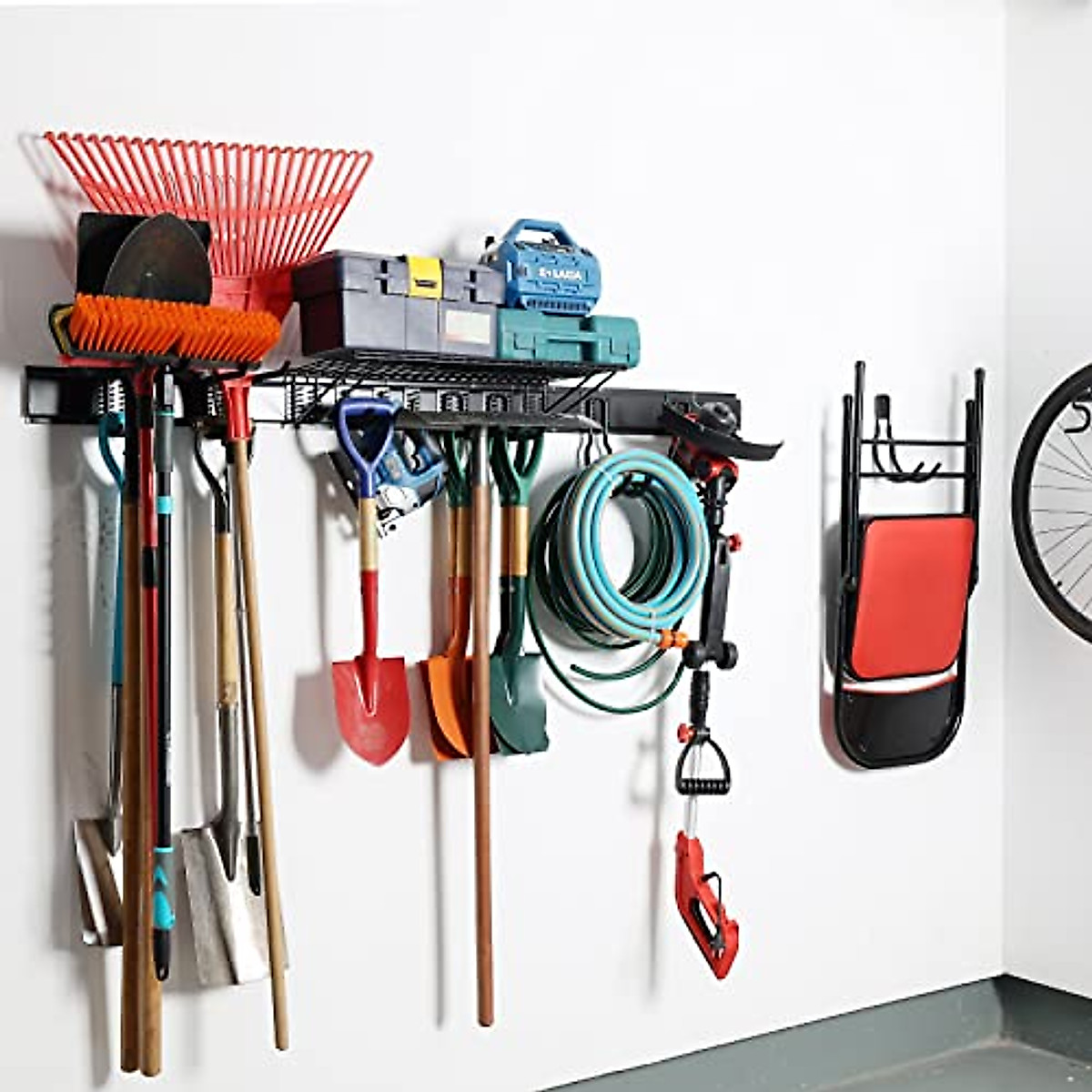 Wallmaster Tool Storage Rack With Wall Shelf, Garage Storage Wall Mount Tool Organizers Heavy Duty Racks Adjustable Wall Hanger System (9Hooks&2Rails&Storage Shelf)