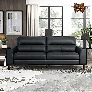 Lexicon Leather Couch Sofa, Modern Couch Sofa, Top Grain Leather Sofa, Oversized Sofa for Living Room, Bedroom, Office, Apartment, Waiting Room, 3-Seater Couches, Black