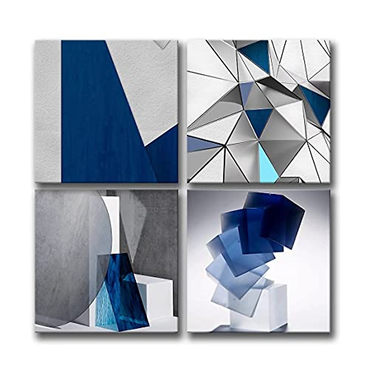 Oilpa Art Blue Abstract Wall Art Blue and White for Living Room Decor 12x12 Modern Gray Abstract 3D Geometric Canvas Print Picture Framed Artwork Bathroom Bedroom Home Decor 4 Pieces