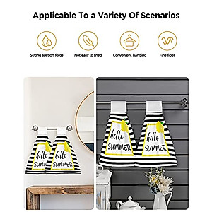 Ldtrchee Hello Summer Lemon Yellow Lace Hand Towel with Hanging Loop, Black White Stripes Fruit Hanging Tie Towels Set 1 Pcs, Kitchen Absorbent Towel for Bathroom Tea Bar Laundry