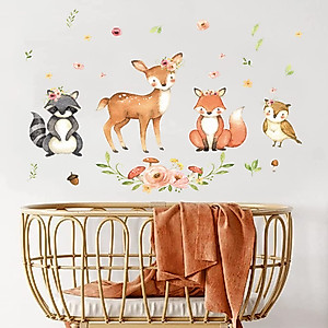Supzone Woodland Animal Wall Decals Cartoon Animal Wall Stickers Cute Raccoon Deer Fox Owl Forest Animal Wall Decal for Kids Baby Nursery Playroom Bedroom Wall Decor