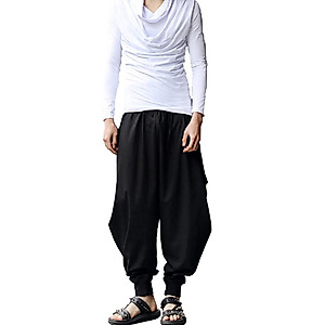 ONTTNO Men's Harem Pants Loose Stretchy Waist Casual Hippie Trousers (Black)