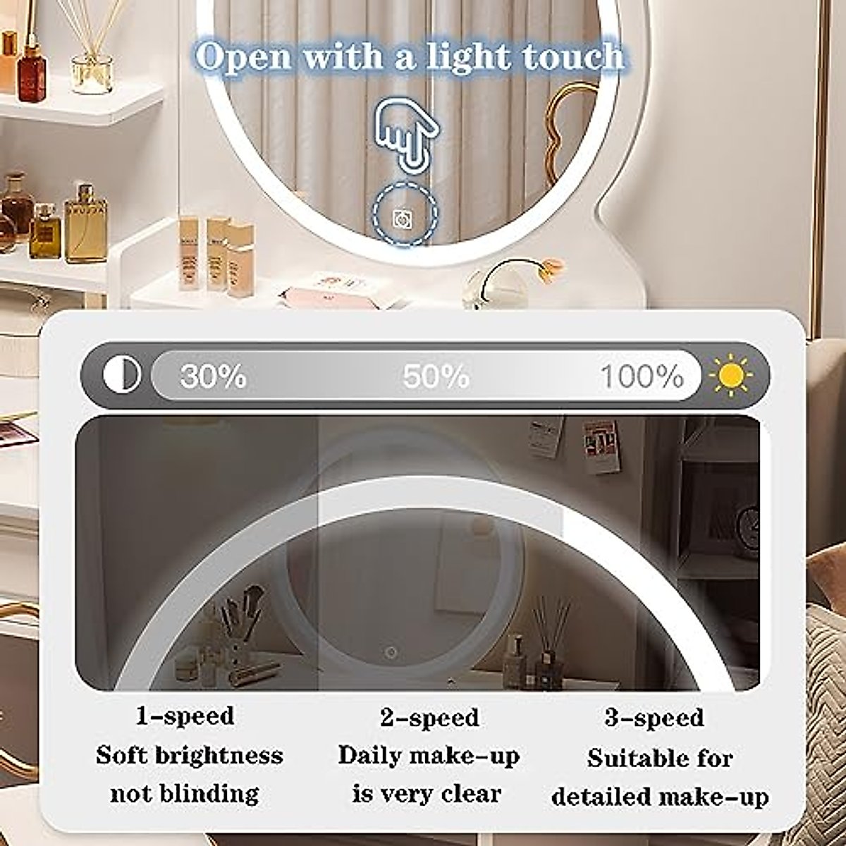 Vanity Set with Lights and Stool Makeup Vanity Desk with Mirror Dressing Table with Four Drawers Raise the Fence to Prevent Falling Exquisite Handle Smooth Pulling Three Level Brightness Adjustment (