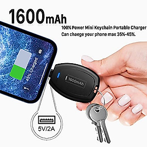HUAENG Keychain Portable Charger Power Bank for iPhone 14 13 8 7, Airpods, 1600mAh Mini iPhone Power Emergency Pod Ultra-Compact External Fast Charging Battery Pack Key Ring Cell Phone Charger -Black